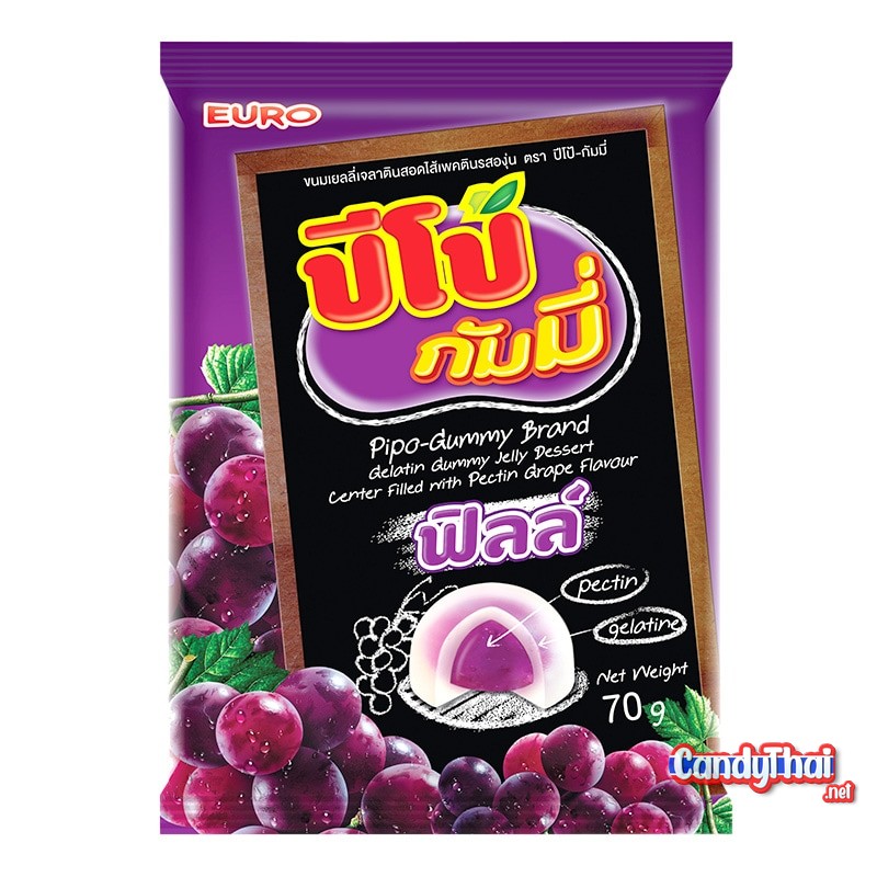 Peepo Gummy Center Filled with Pectin Grape Flavour 70g. - Candy Thai